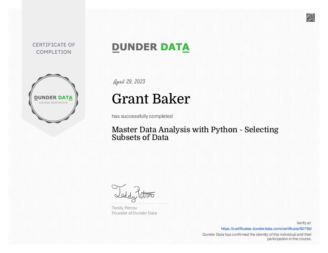 Grant Baker | Master Data Analysis with Python – Selecting Subsets of Data – Dunder Data ...